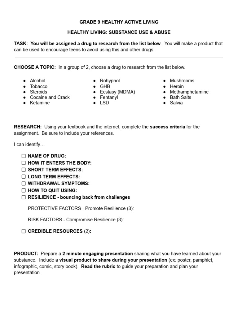 GRADE 9 HEALTHY ACTIVE LIVING Substance Use and Abuse - Scott | PDF ...