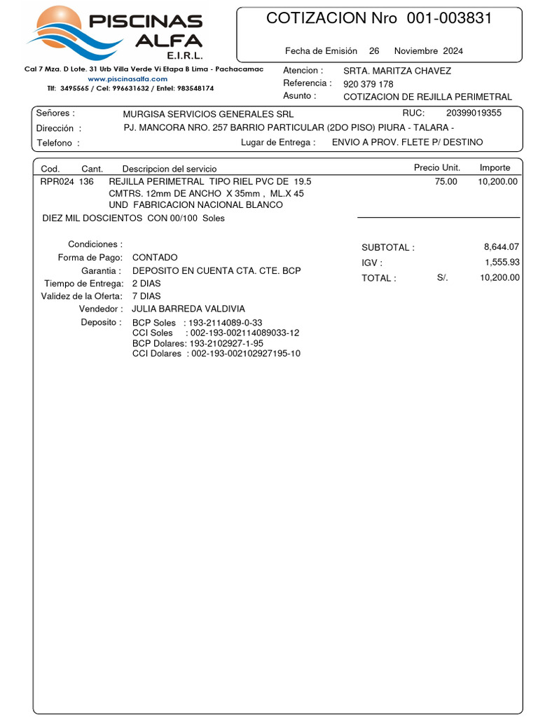 Cotizacion #003831 - 2024 - MURGISA SERVICIOS GENERALES SRL - REJILLA PERIMETRAL | PDF