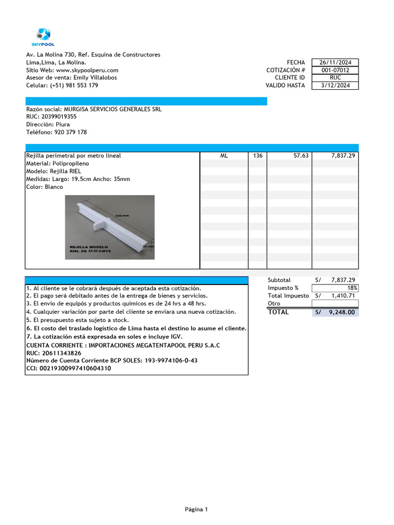 PSP7012 Rejilla Perimetral para Piscina - MURGISA SERVICIOS GENERALES SRL 26-11-2024 | PDF