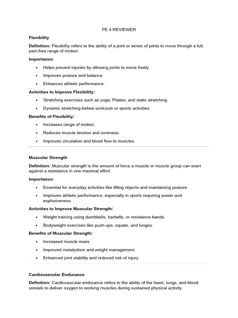 Pe 4 Reviewer | PDF | Flexibility (Anatomy) | Physical Exercise