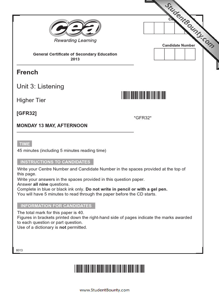 GCSE FRE REVISED Past Papers Mark Schemes Standard MayJune Series 2013 ...