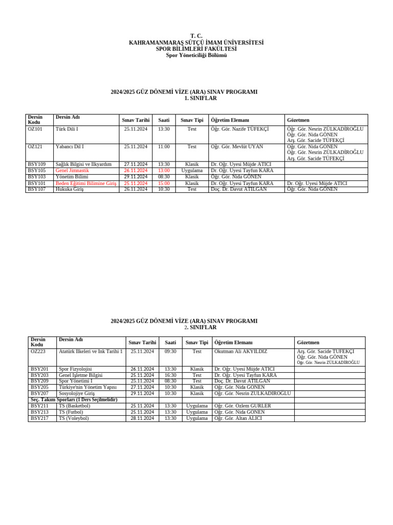 2024-2025 Güz Dönemi̇ Vi̇ze Sinav Programi Son Hali̇ - 2411110838181421 | PDF