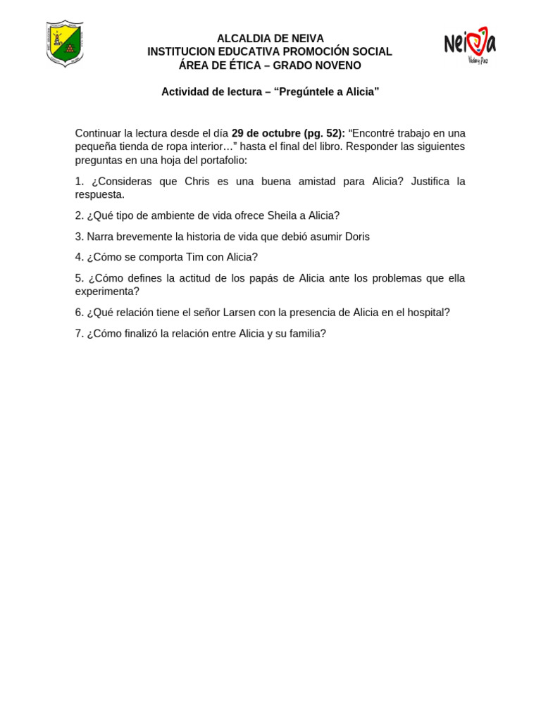Segundo Control de Lectura - Pregúntele A Alicia | PDF