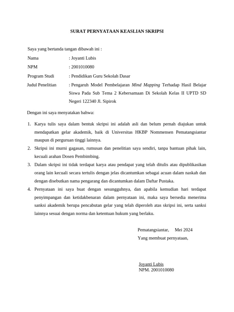 Surat Pernyataan Keaslian Skripsi Joyanti Lubis | PDF