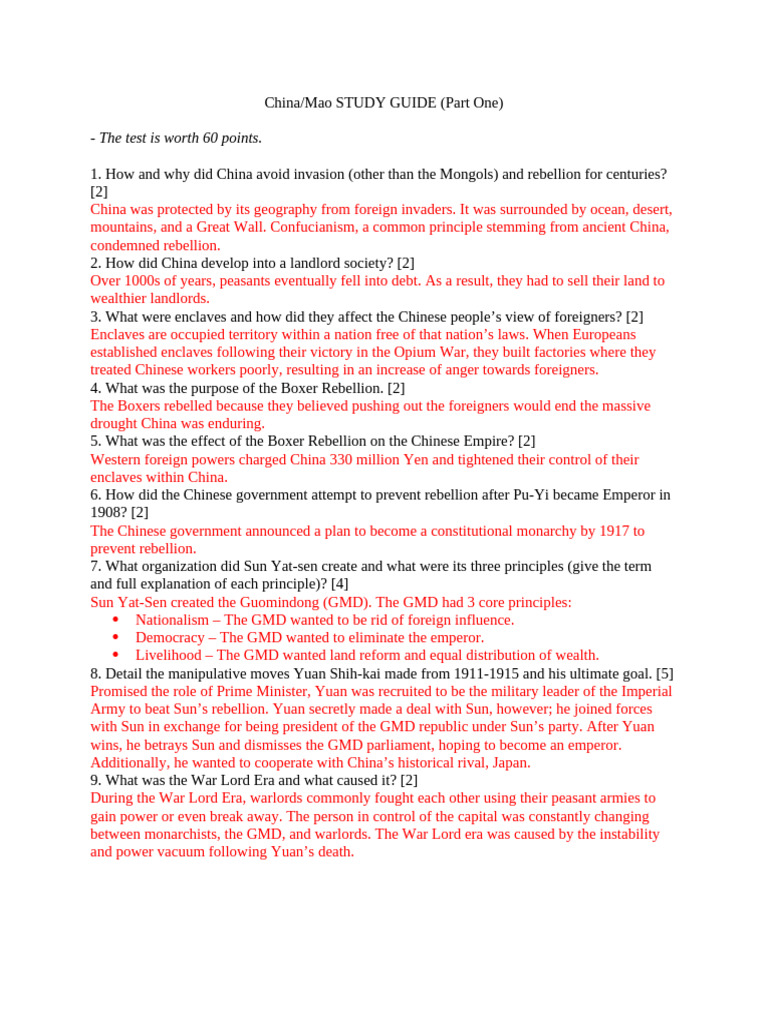 China Study Guide Part One (2024) | PDF | Kuomintang | Mao Zedong