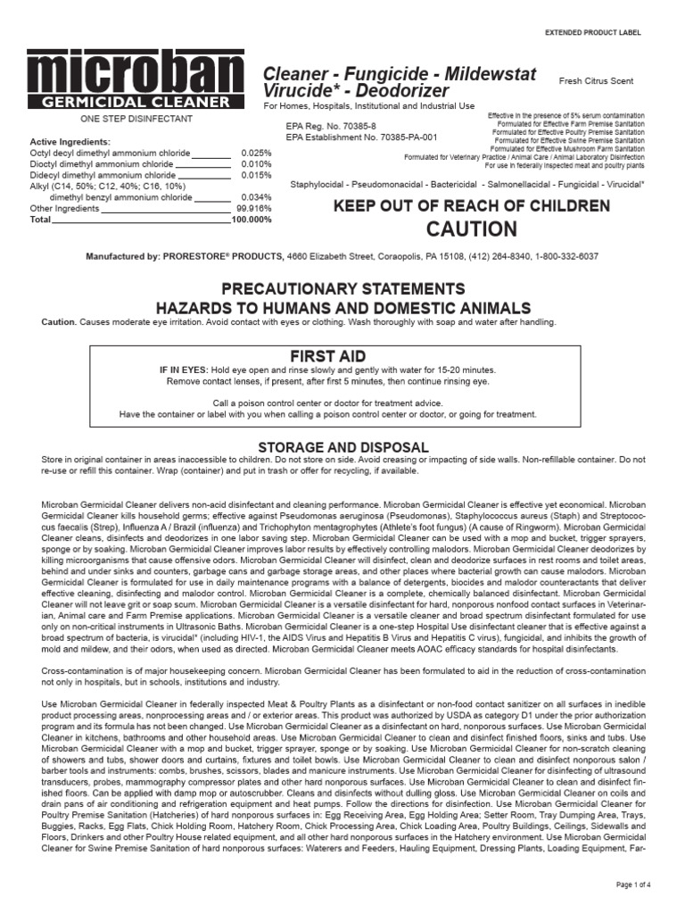 Microban Germicidal Cleaner Extended Label - ProRestore Products | PDF ...