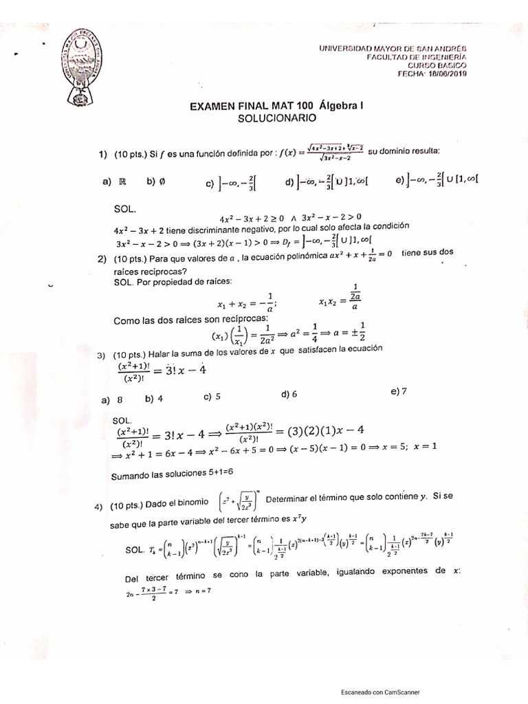 Examen Resuelto MAT 100 Ex. Final y Recup. l-2019 | PDF