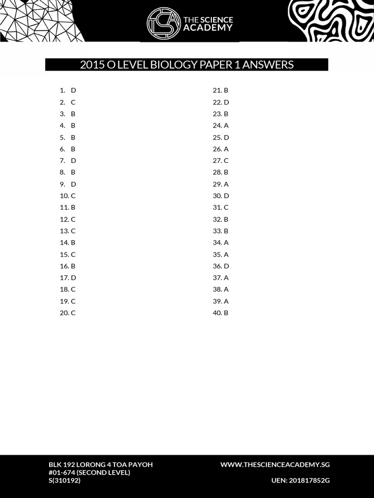 2015 O Level Biology Paper 1 Answers | PDF