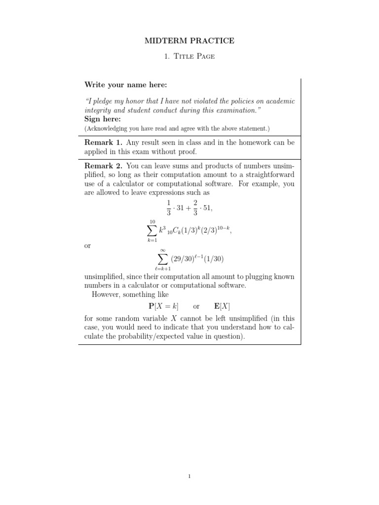 Midterm Practice Problems | PDF | Expected Value | Probability Theory Midterm Practice Problems | PDF | Expected Value | Probability Theory