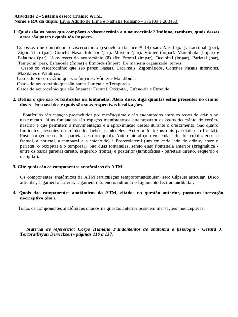Atividade 2 - Sistema Ósseo, Crânio, ATM | PDF | Crânio | Anatomia