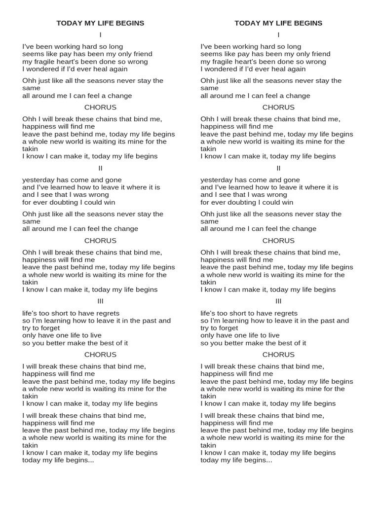 Inspirational Song Lyrics on New Beginnings | PDF