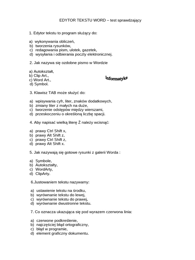 EDYTOR TEKSTU WORD - Test Sprawdzający | PDF