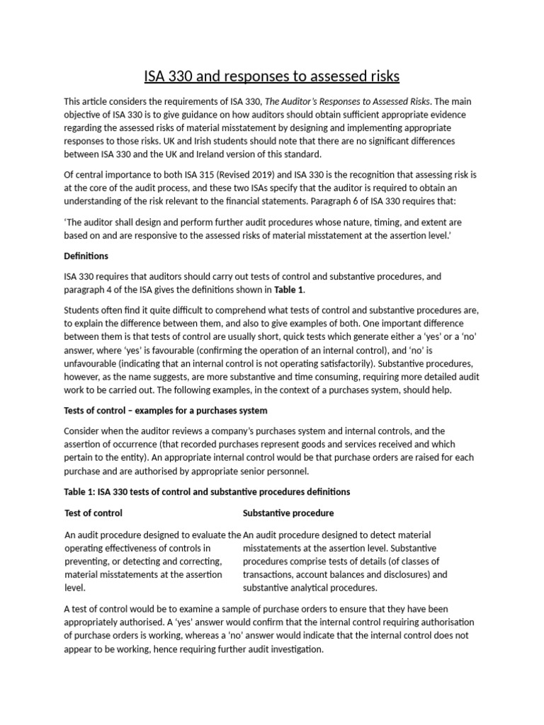 ISA 330 and Responses To Assessed Risks | PDF | Audit | Internal Control