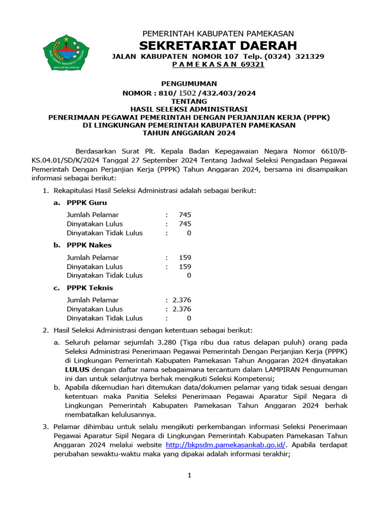 Pengumuman Hasil Seleksi Administrasi Penerimaan PPPK Kab. Pamekasa Ta 2024 | PDF