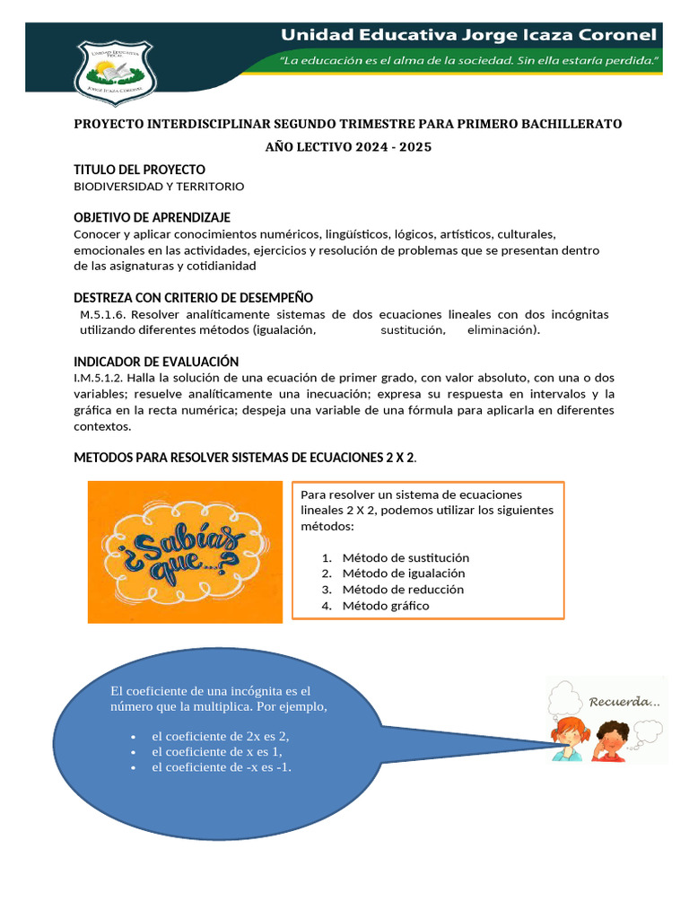 PRIMERO PROYECTO INTER Segundo TRIMESTRE | PDF | Sistema de ecuaciones lineales | Ecuaciones