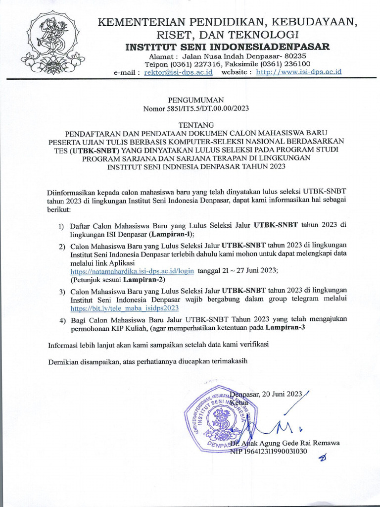 Pengumuman Registrasi Pendaftaran Dokumen Calon MABA Jalur UTBK | PDF