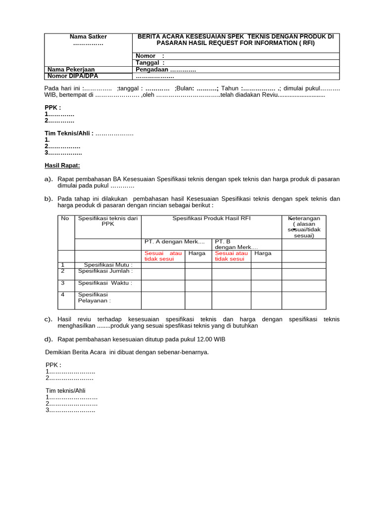 BA-rkesesuaian Spek Teknis Dengan Produk Hasil RFI | PDF