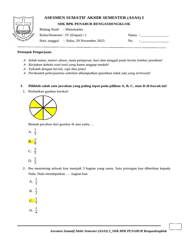 Matematika - Asesmen Sumatif Akhir Semester (ASAS) I Kelas IV T.P 2023-2024 | PDF