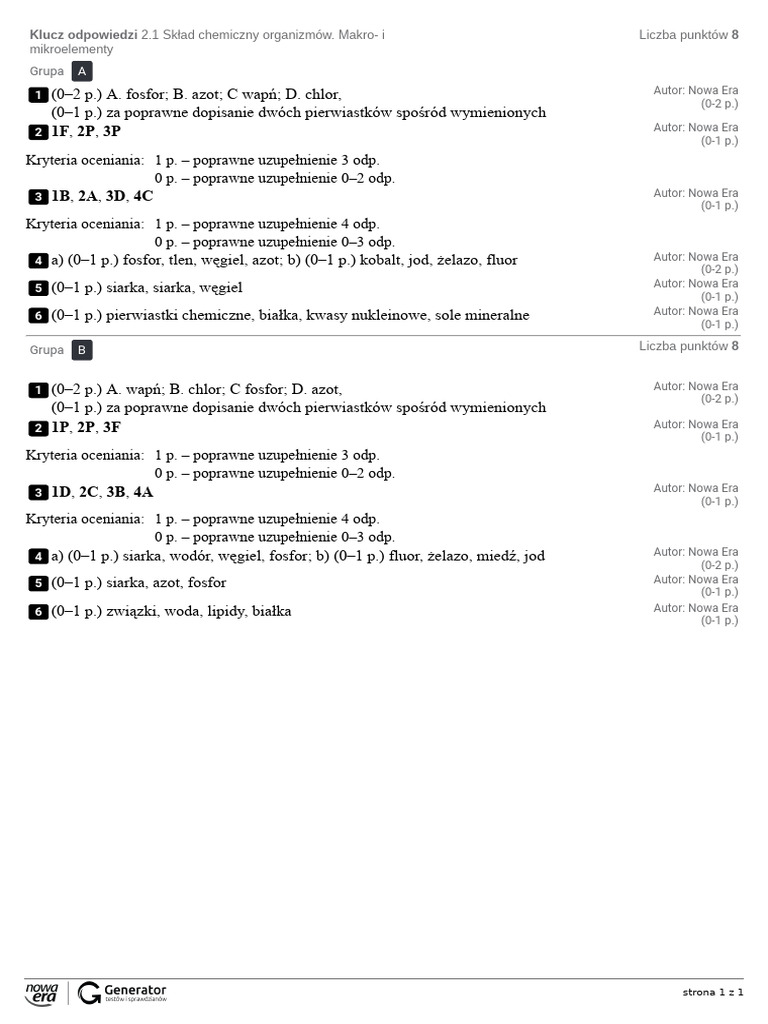 2.1 Skład Chemiczny Organizmów. Makro I Mikroelementy Klucz Odpowiedzi | PDF