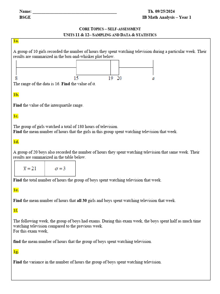 IB Math Analysis: Data & Statistics Assessment | PDF | Mean | Standard ...
