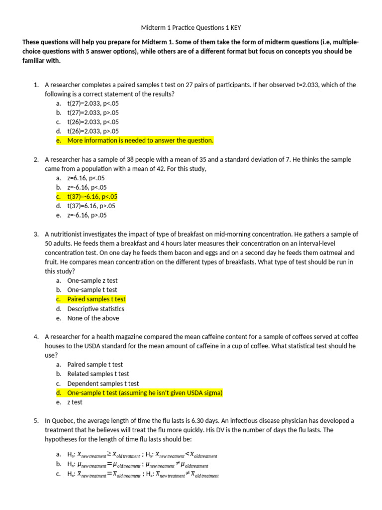 Midterm 1 Practice Questions KEY | PDF | Type I And Type Ii Errors ...