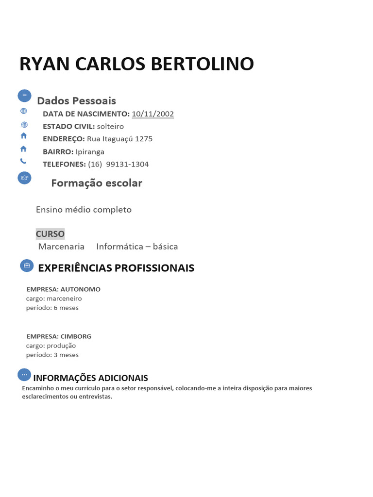 Currículo de Ryan Carlos Bertolino | PDF