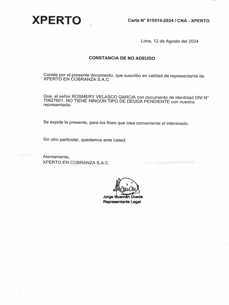 Carta de No Adeudo Financiera Efectiva Experto en Cobranza | PDF