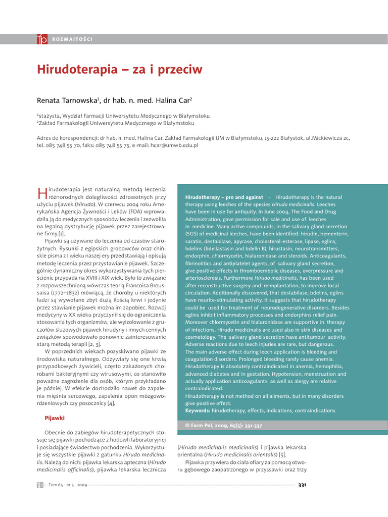 Hirudoterapia - Za I Przeciw | PDF