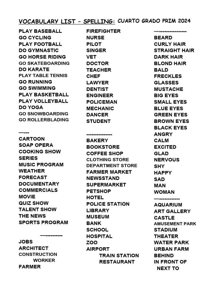 Listado de Palabras Spelling - Cuarto Grado | PDF