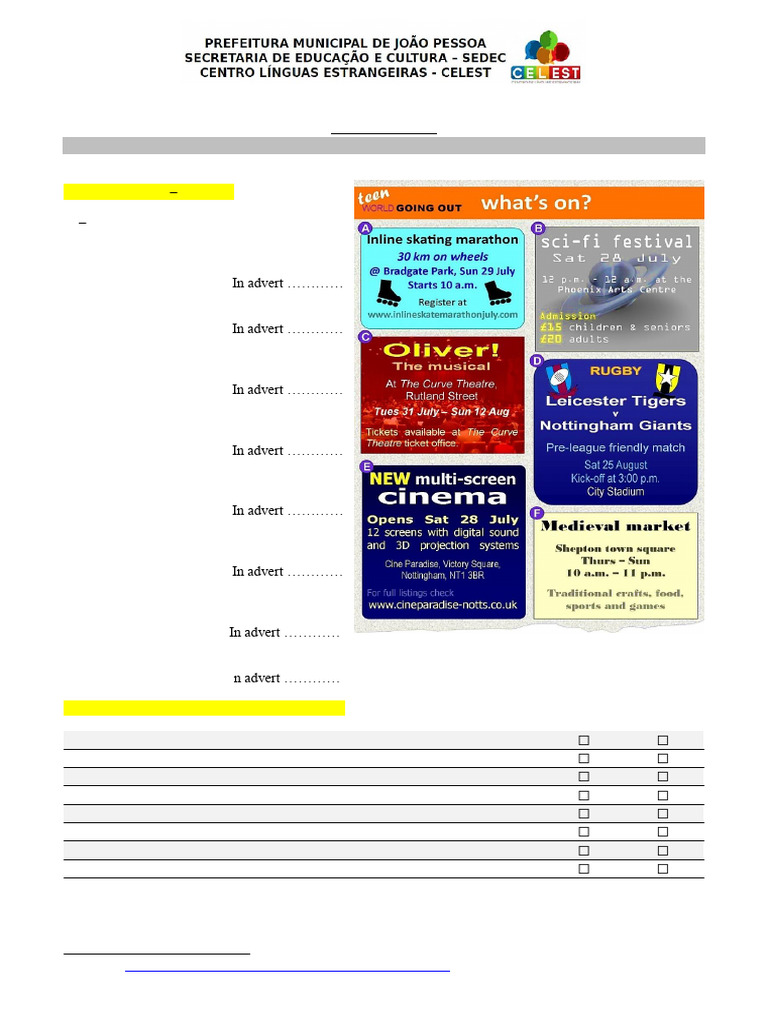 English Level 4 - Teens - 2nd Evaluation - Going Out | PDF