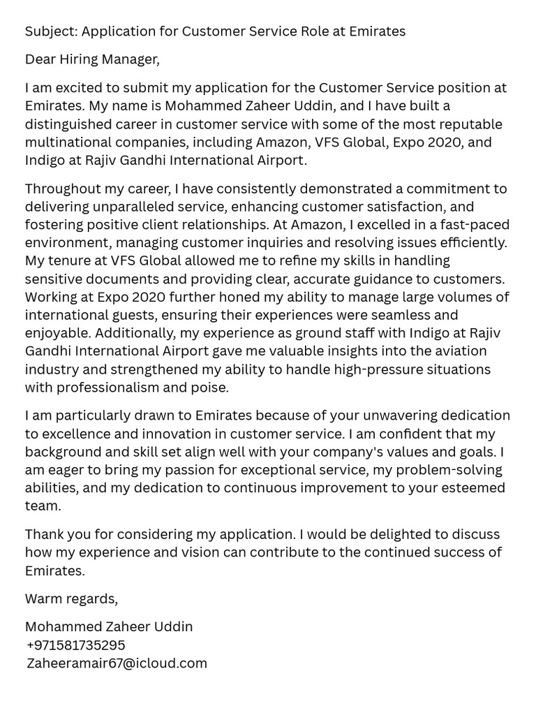 Subject Application For Customer Service Role at Emirates | PDF