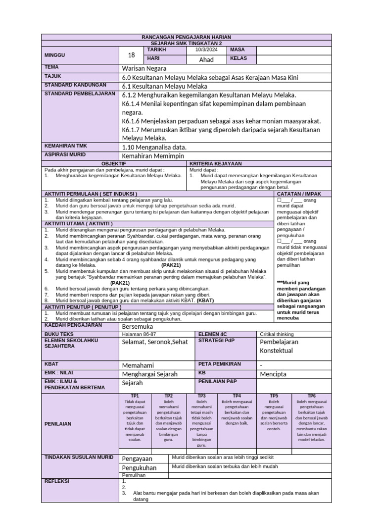 RPH SMK Minggu 18 Sejarah Tingkatan 2 2024 2025 by Cikgu Gorgeous | PDF