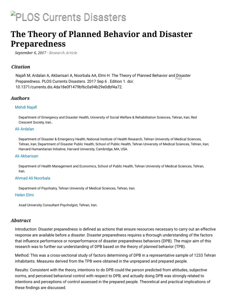 The Theory of Planned Behavior and Disaster Preparedness PLOS Currents ...