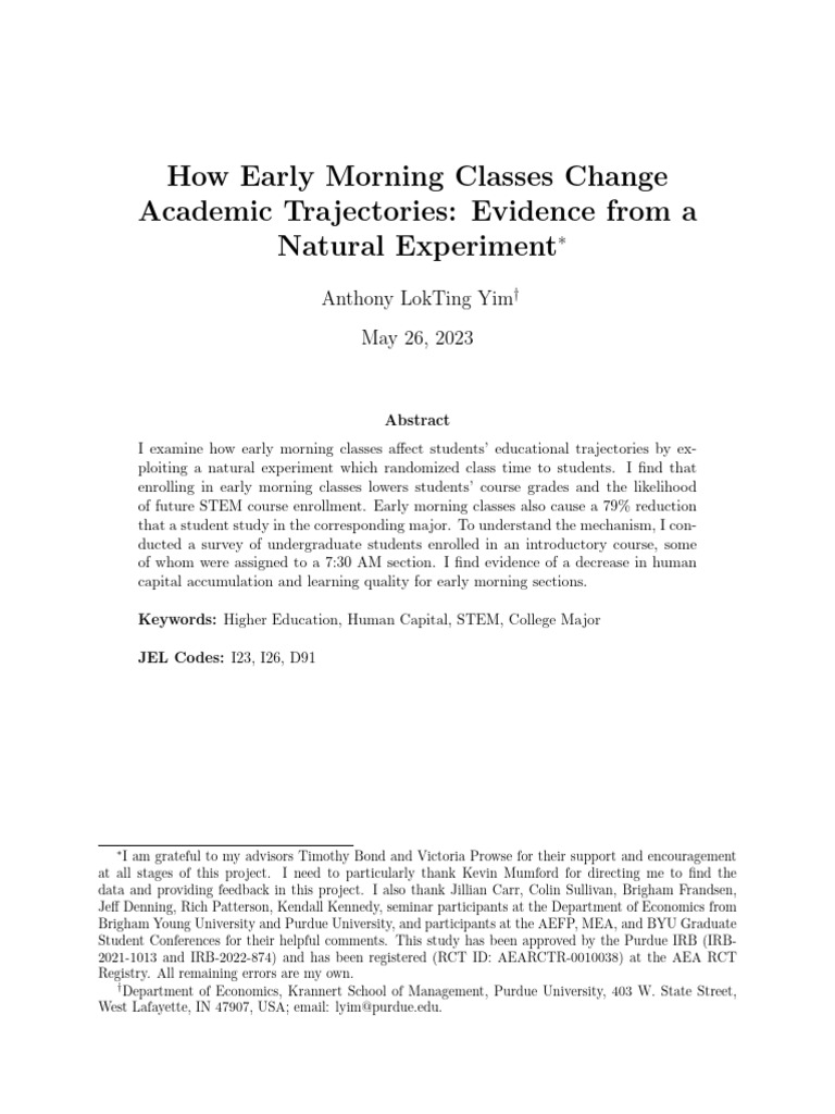 How Early Morning Classes Change Academic Trajectories: Evidence From A Natural Experiment | PDF