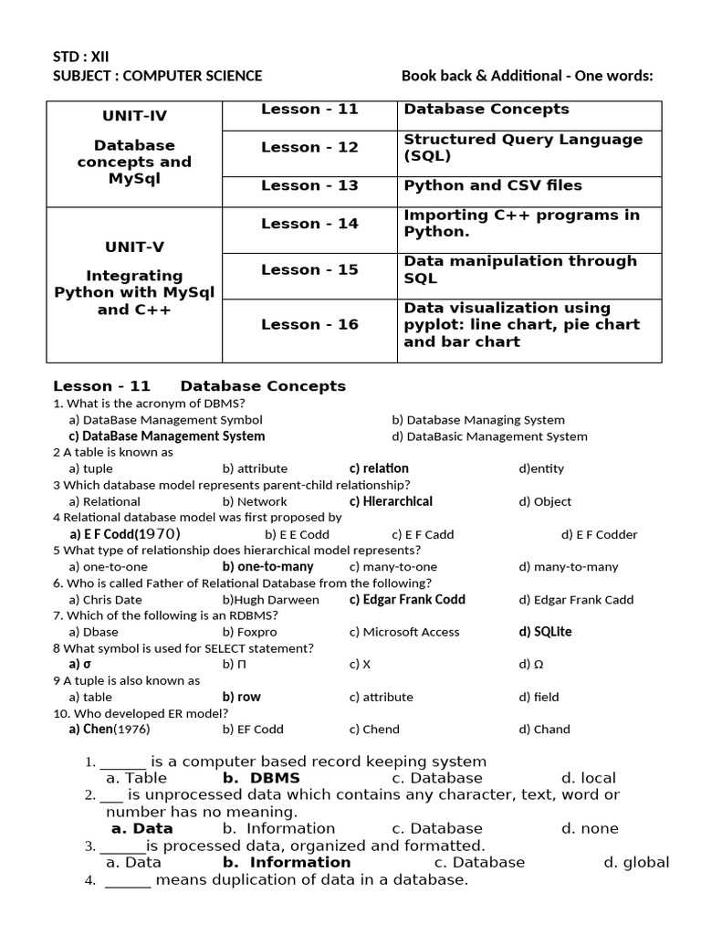 XII CS Oneword LN 11 To 16 | PDF | Databases | Relational Model