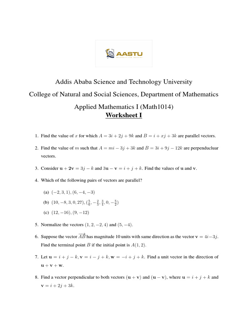 Applied Math I Worksheet 1 (Chapter 1) | PDF | Euclidean Vector | Triangle