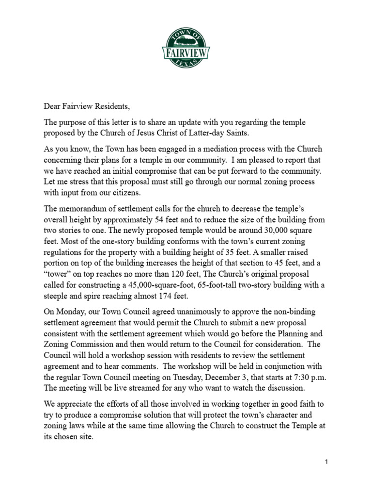Fairview Temple Proposal Update | PDF