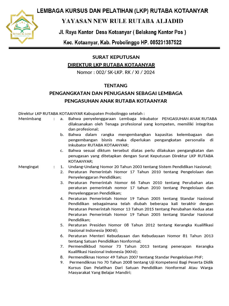 SK Pengangkatan Pimpinan LKP Dari Yayasan | PDF