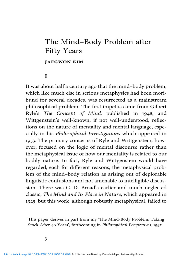 The MindBody Problem After Fifty Years Jaegwon | PDF | Reductionism ...