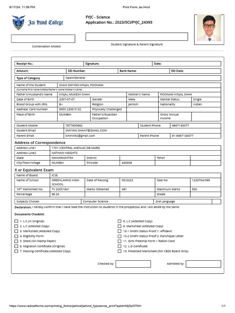 Jai Hind FYJC Science Admission Form | PDF