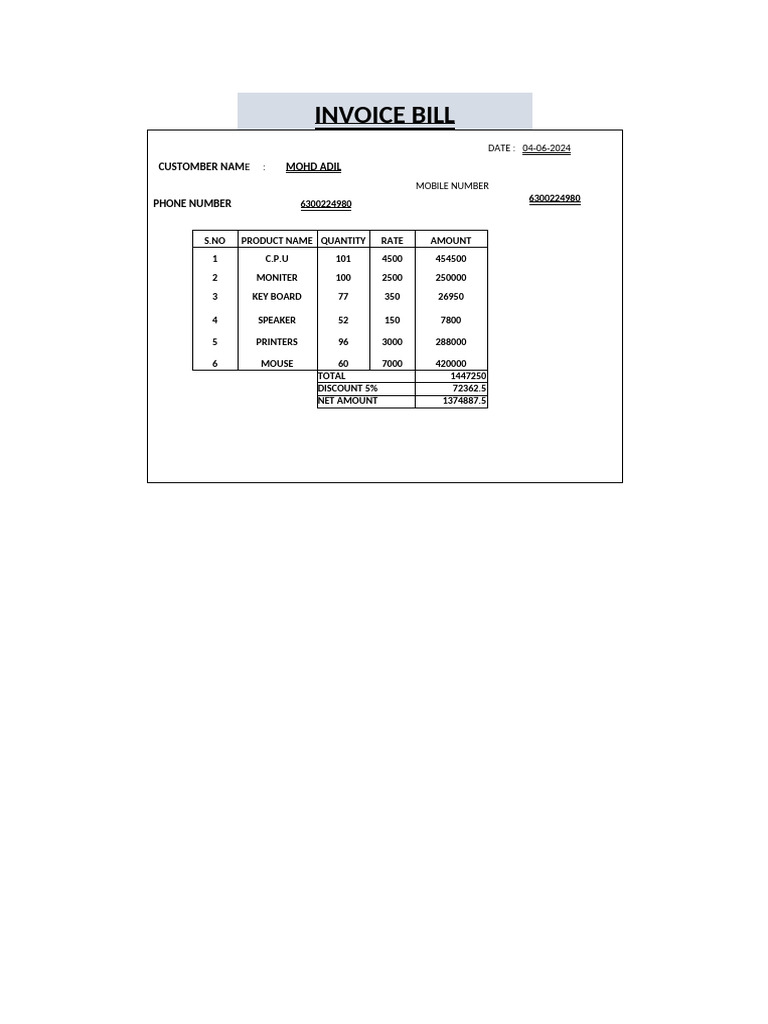 Invoice Bill Format In Word Pdf