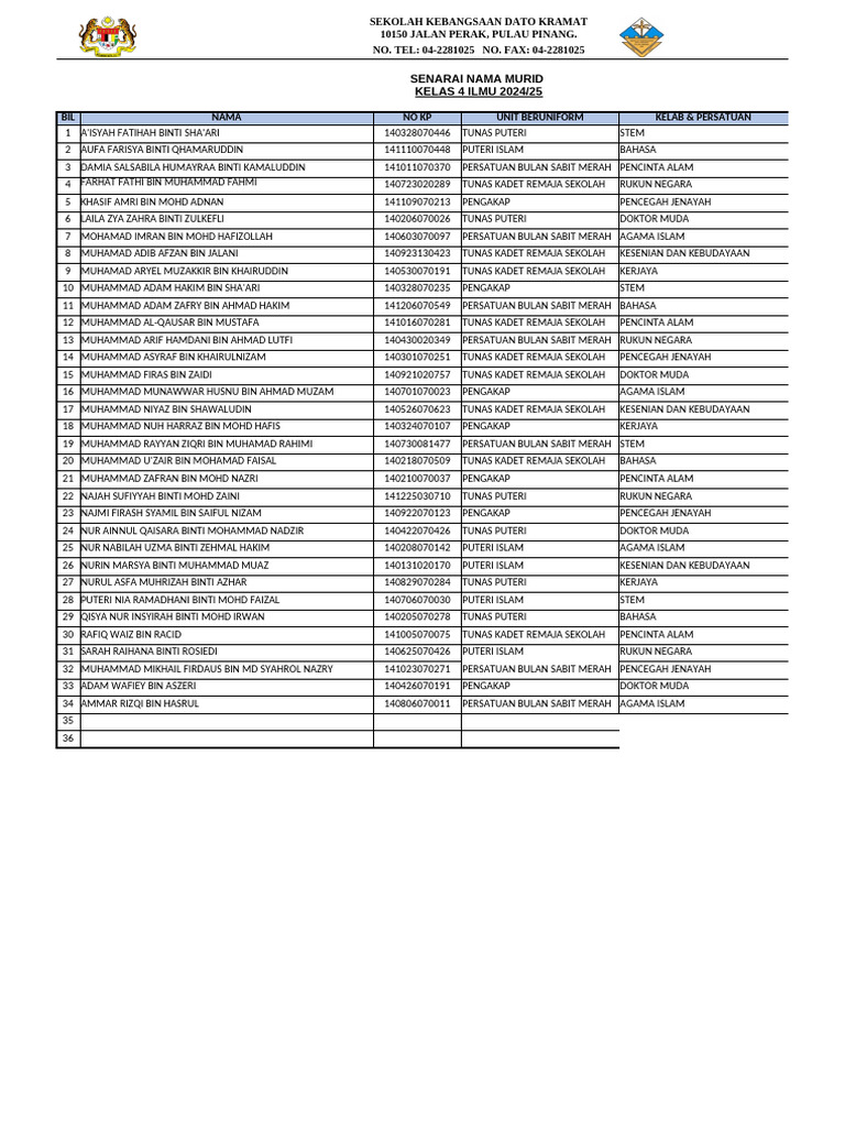 Senarai Nama Murid Kokurikulum 2024 - 2025 | PDF
