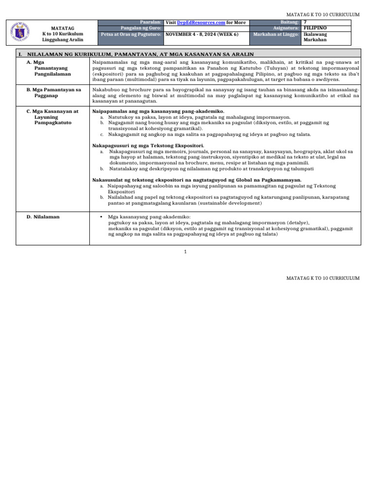 DLL Matatag - Filipino 7 q2 w6 | PDF