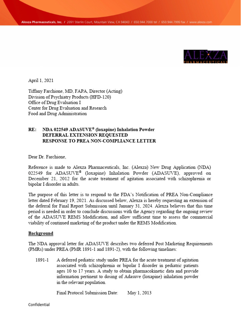 N022549-000 Adasuve PREA Response (4-1-21) - 0 | PDF | Food And Drug ...
