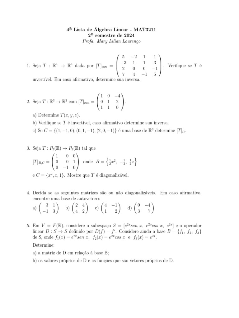 Exercícios de Álgebra Linear - MAT3211 | PDF | Objetos matemáticos ...