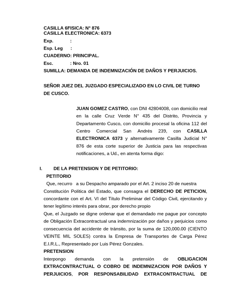 DEMANDA Corregida CASO DIAGNOSTICO PRACTICA CIVIL CORREGIDO 02-09 | PDF | Daños y perjuicios ...