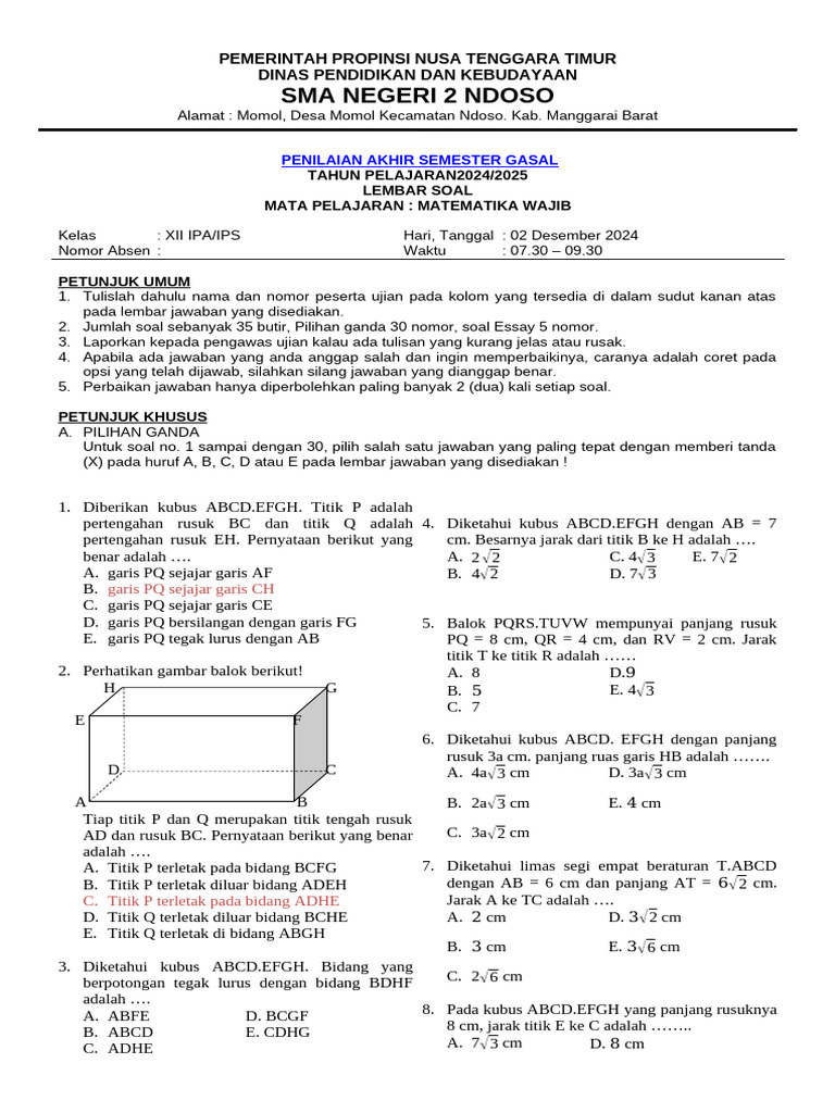 Soal PAS Semester 1 Kelas 12 Matematika Wajib Tahun 2021 | PDF