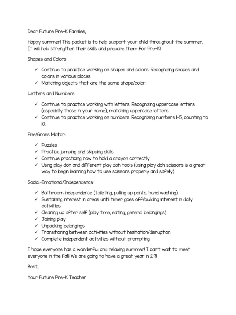 Entering Pre K Summer Packet | PDF