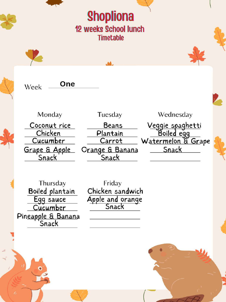 Free 12 Weeks School Lunch Time Table | PDF