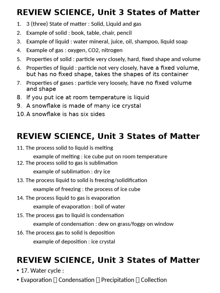 REVIEW SCIENCE, Unit 3 States of Matter | PDF